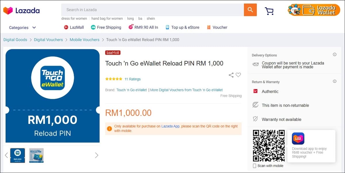 TNG eWallet Now Sells Reload PINs With Higher Values Of Up To RM2,000